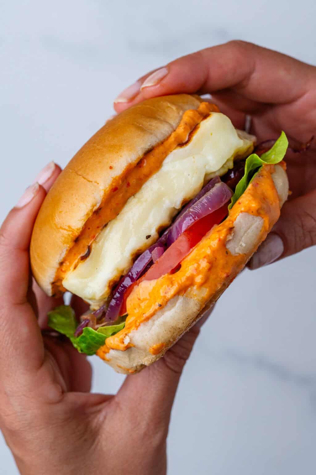 Halloumi Burger (with Smoky Red Pepper Aioli) - Cooking With Ayeh