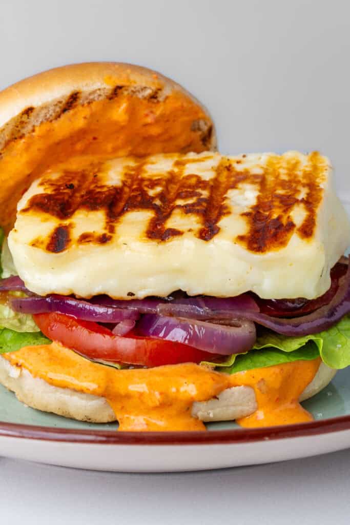Halloumi Burger (with Smoky Red Pepper Aioli) - Cooking With Ayeh