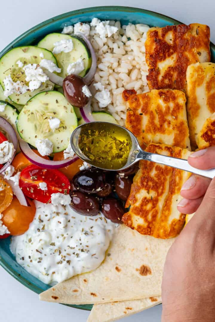 Greek Bowls (with Golden Halloumi - Vegetarian) - Cooking With Ayeh